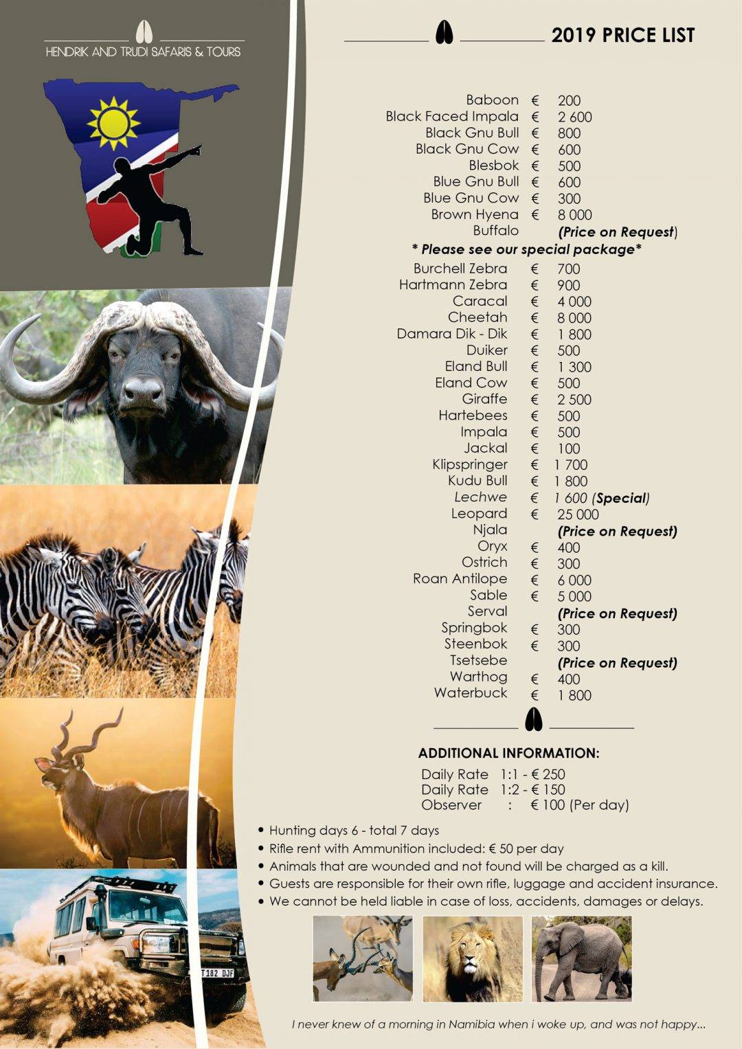 Price Lists - Hendrik and Trudi Safaris and Tours